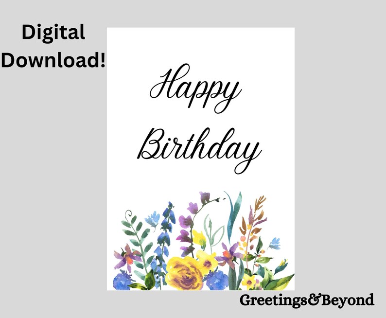 Bright Colorful Flowers Happy Birthday Card, Printable Digital Download ...