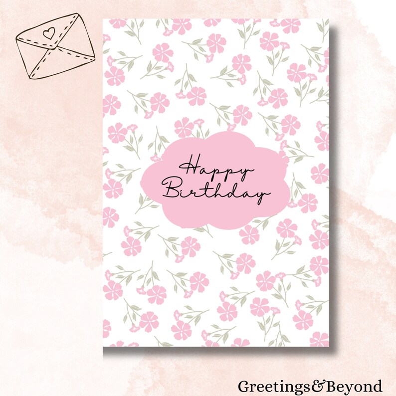 Pink Flower Birthday Card, Printable Digital Download Card, 5x7 Size ...