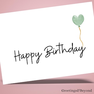 Heart Green Balloon Happy Birthday Card, Printable Digital Download ...