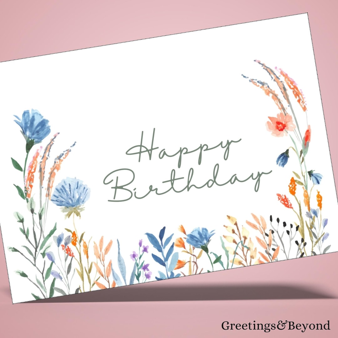 Flower Birthday Card, Printable Digital Download Card, PDF, 7x5 Size ...