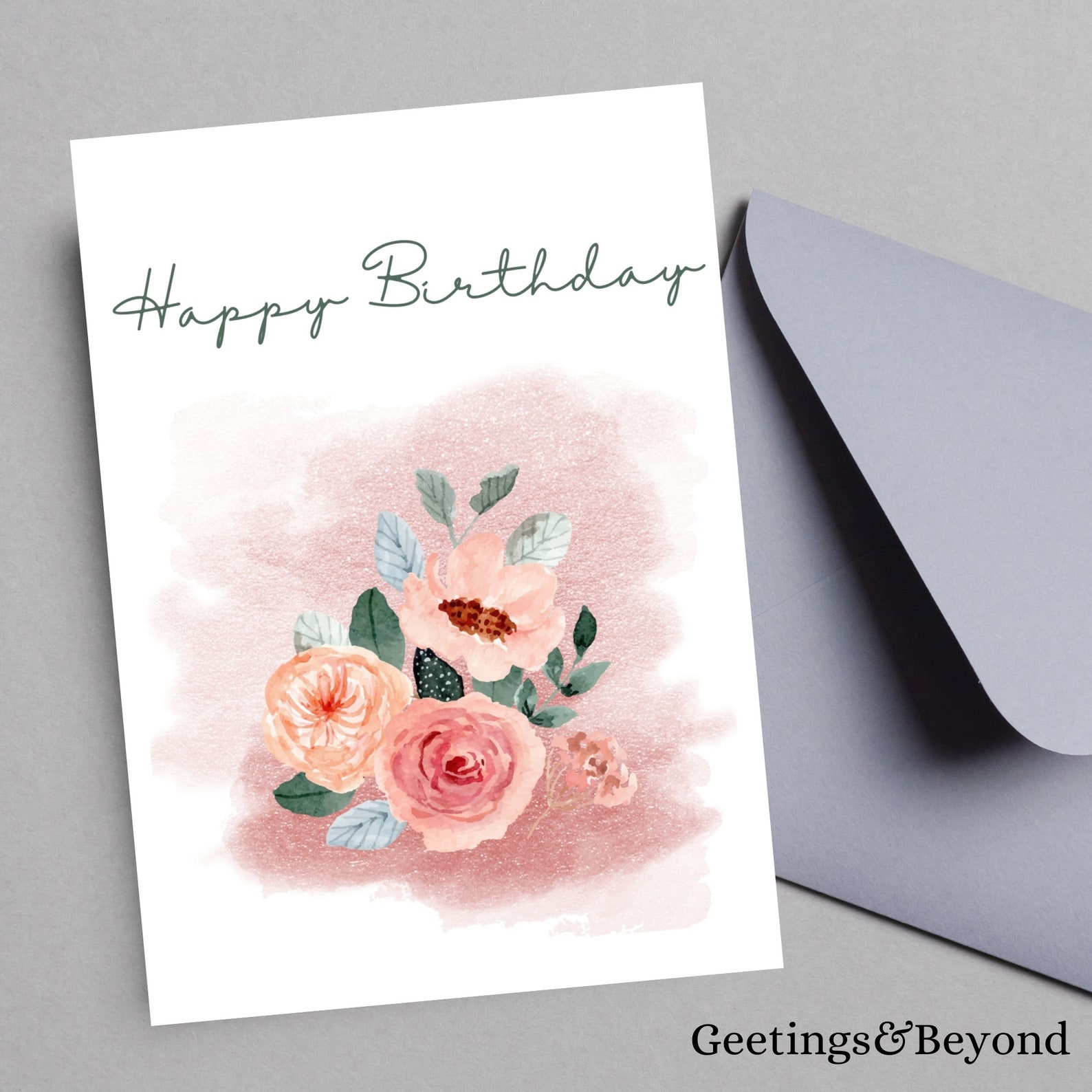 Pink Flowers Happy Birthday Card, Printable Digital Download Card, 5x7 ...