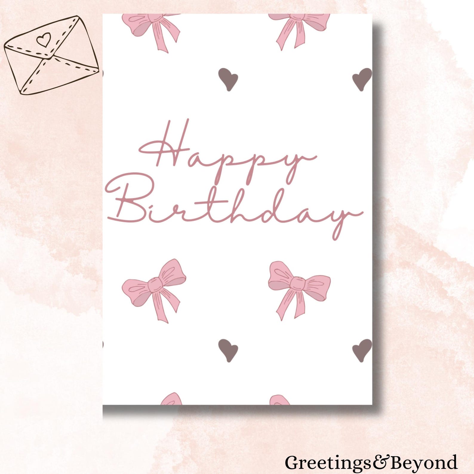 Pink Bow Happy Birthday Card, Printable Digital Download, 5x7 Size Card ...