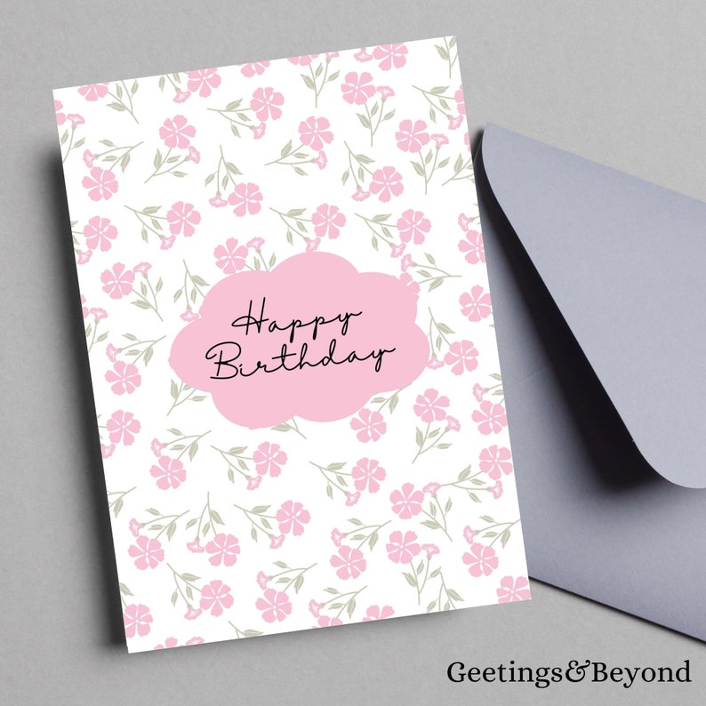 Pink Flower Birthday Card, Printable Digital Download Card, 5x7 Size ...