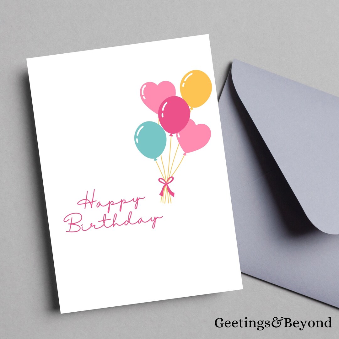 Pink Balloon Birthday Card, Printable Digital Download Card, 5x7 Size ...