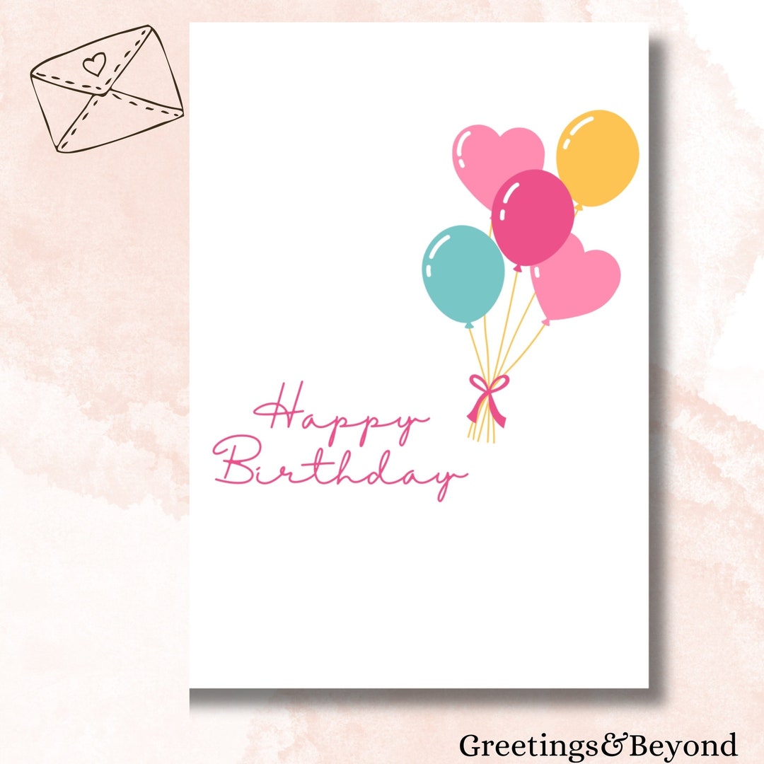 Pink Balloon Birthday Card, Printable Digital Download Card, 5x7 Size ...