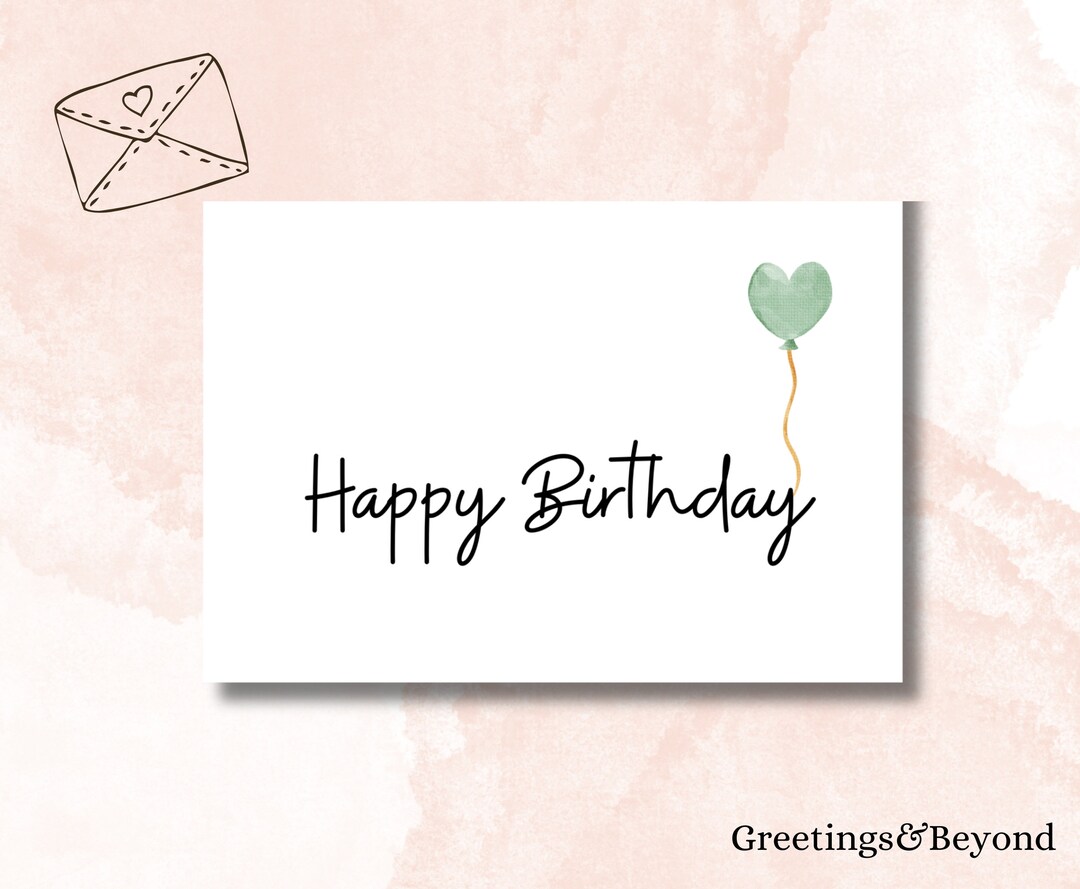 Heart Green Balloon Happy Birthday Card Digital Download Card 7x5 Size ...