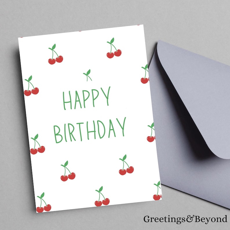 Cherry Happy Birthday Card: 5x7 Printable Blank Card (digital Download ...