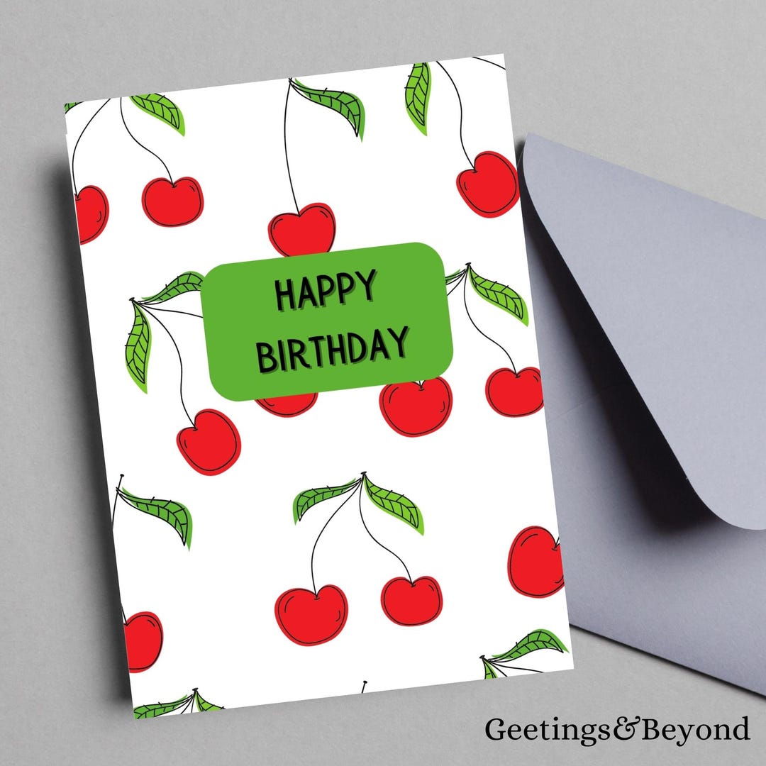 Cherry Happy Birthday Card, Digital Download, 5x7 Size Card, Printable ...