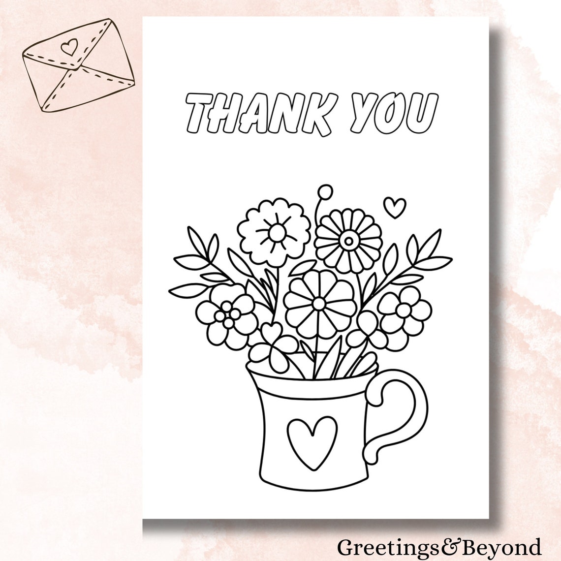 Color-in Heart and Flowers Thank You Card L Digital Download L PDF L ...