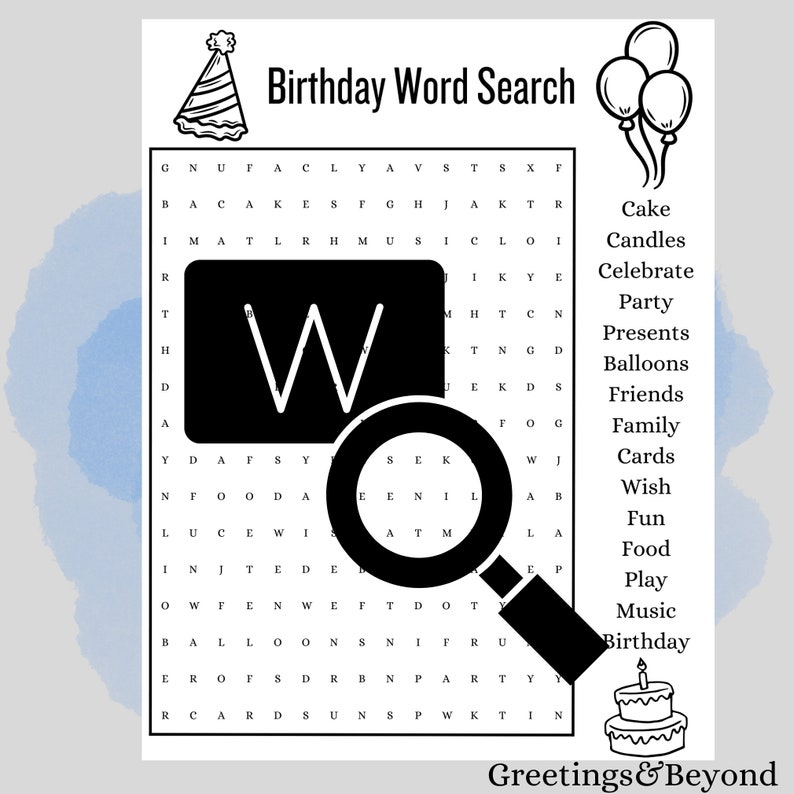 Birthday Word Search, Printable Digital Download Word Search, Answer ...