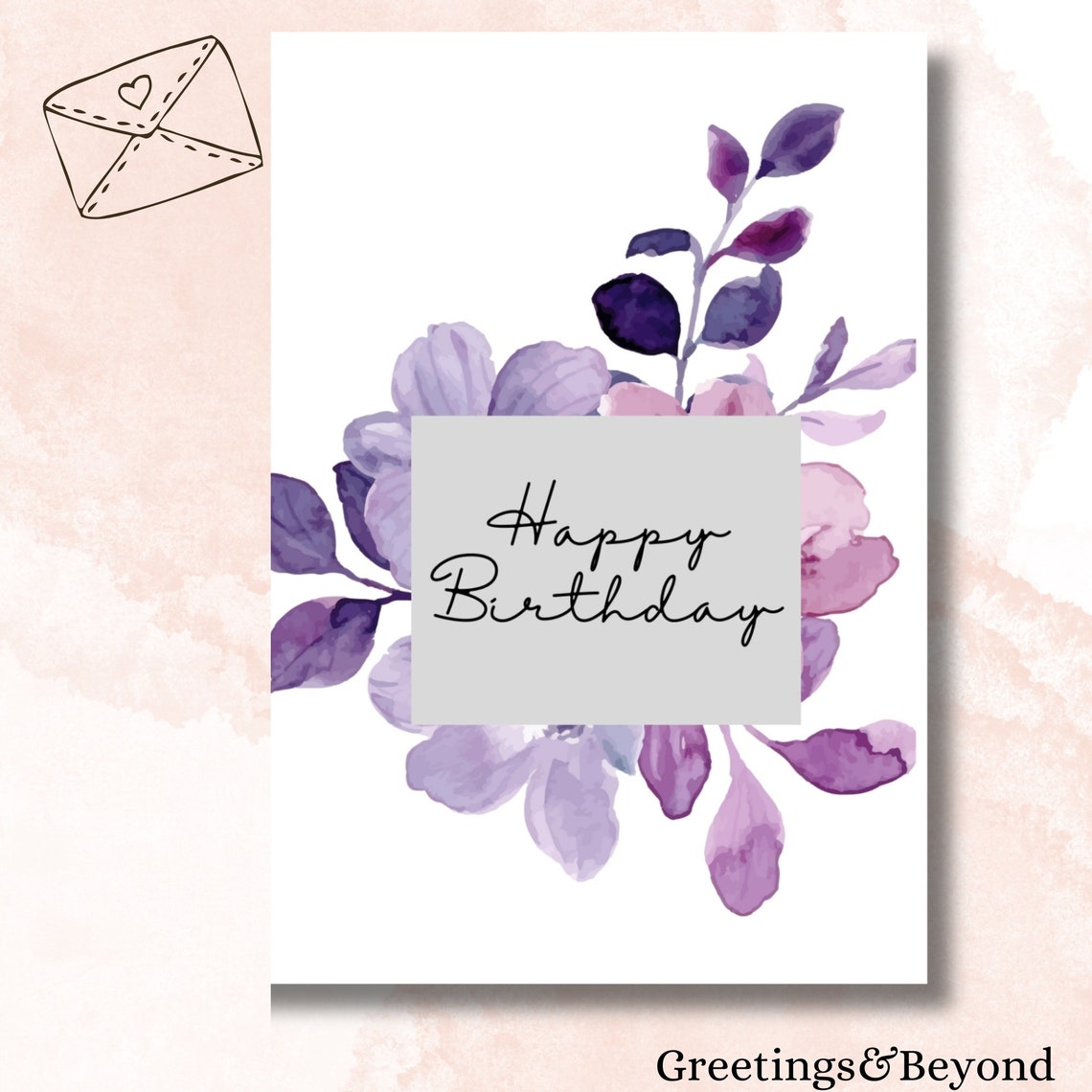 Purple Flowers Happy Birthday Card, Printable Digital Download Card ...
