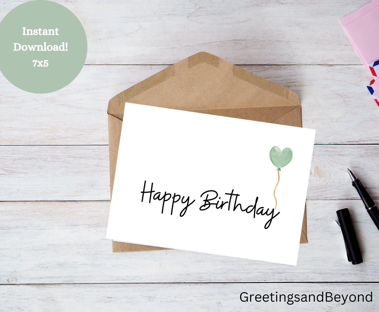 Heart Green Balloon Happy Birthday Card, Printable Digital Download ...
