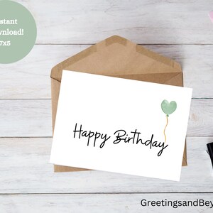 Heart Balloon Happy Birthday Card L Digital Download L 7x5 L Printable ...