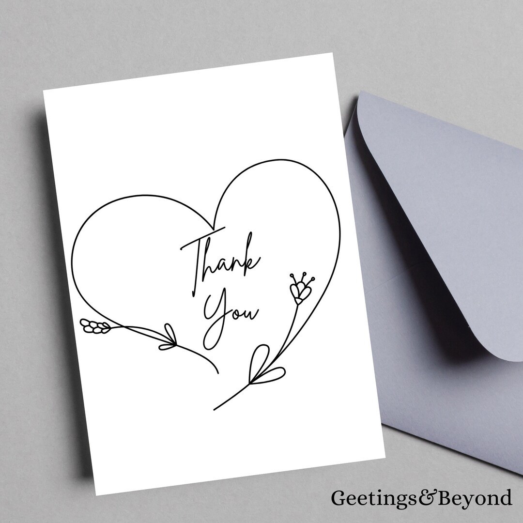 Heart and Flower Thank You Card, Printable Digital Download Card, PDF ...