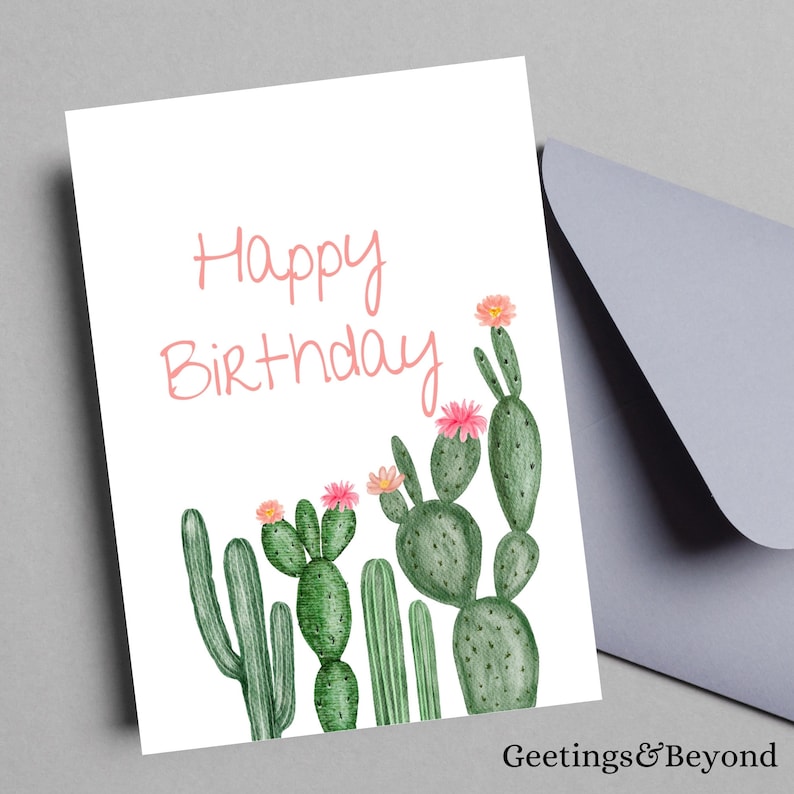 Cactus Blossom Birthday Card: Printable 5x7 Blank Card (digital ...