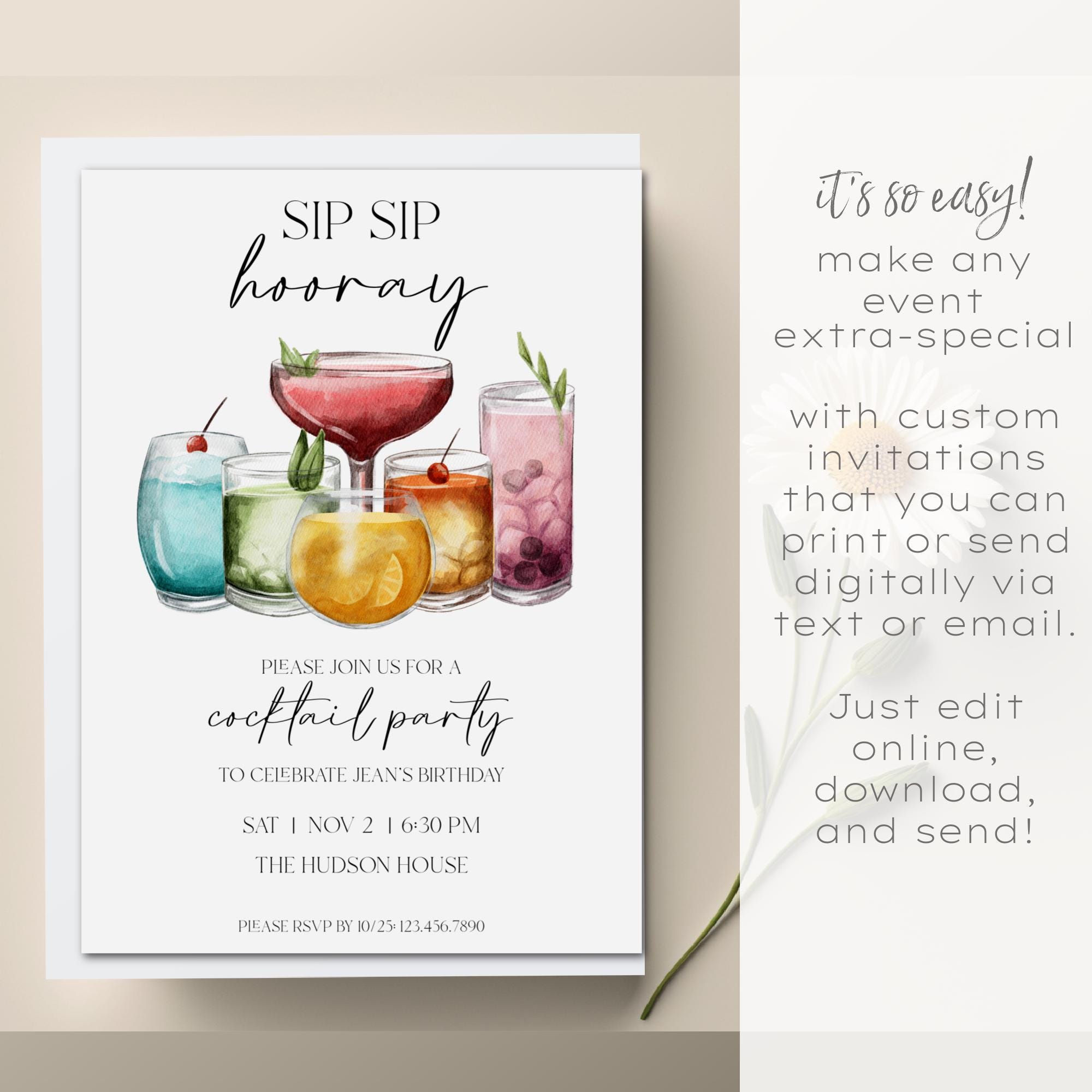 Cocktail Birthday Party Invitations: Sip Sip Hooray Template (digital ...