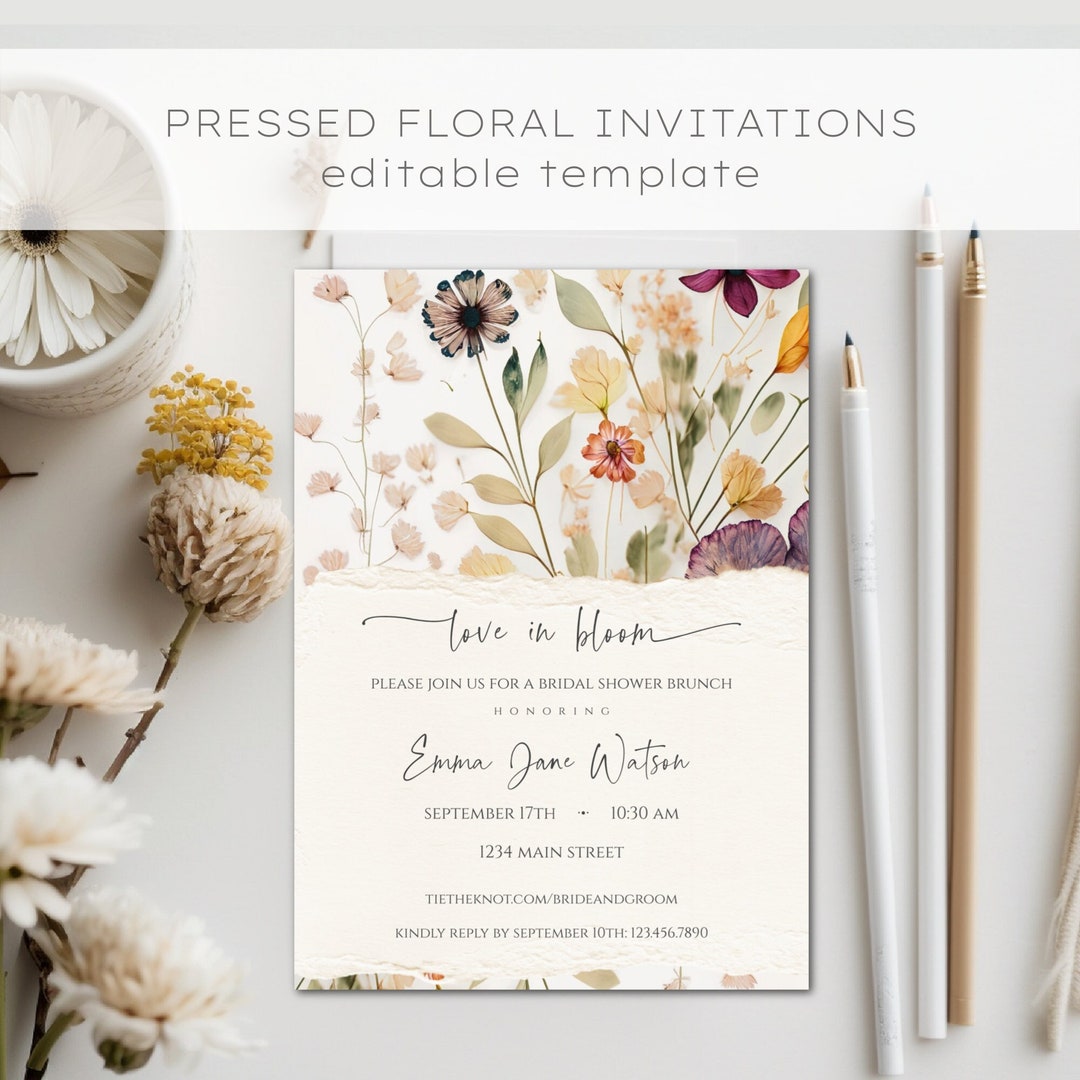 Pressed Flowers Invitation Digital Template, Muted Floral, Custom ...