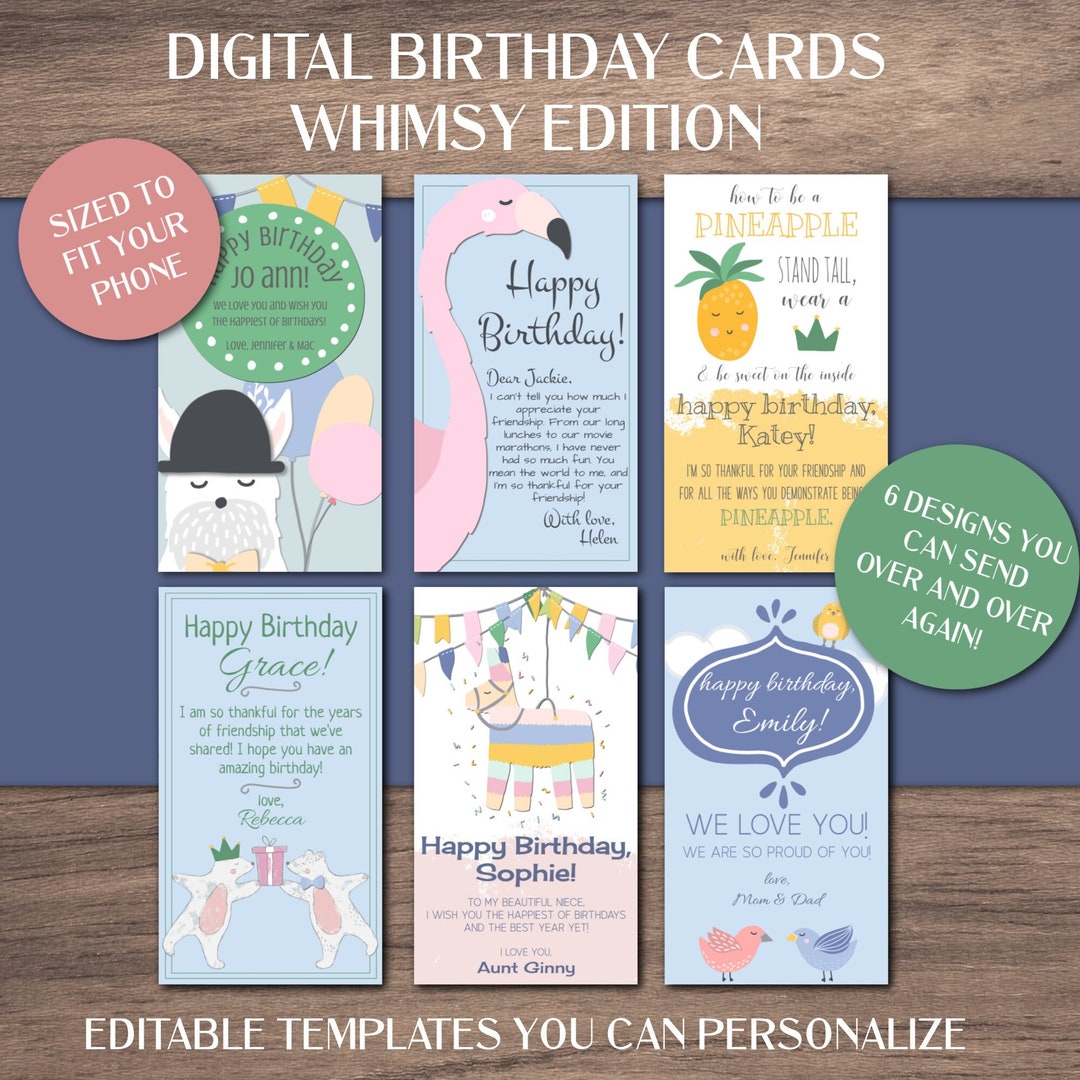 Whimsical Birthday Cards Digital Templates Set of 6, Birthday Texts ...