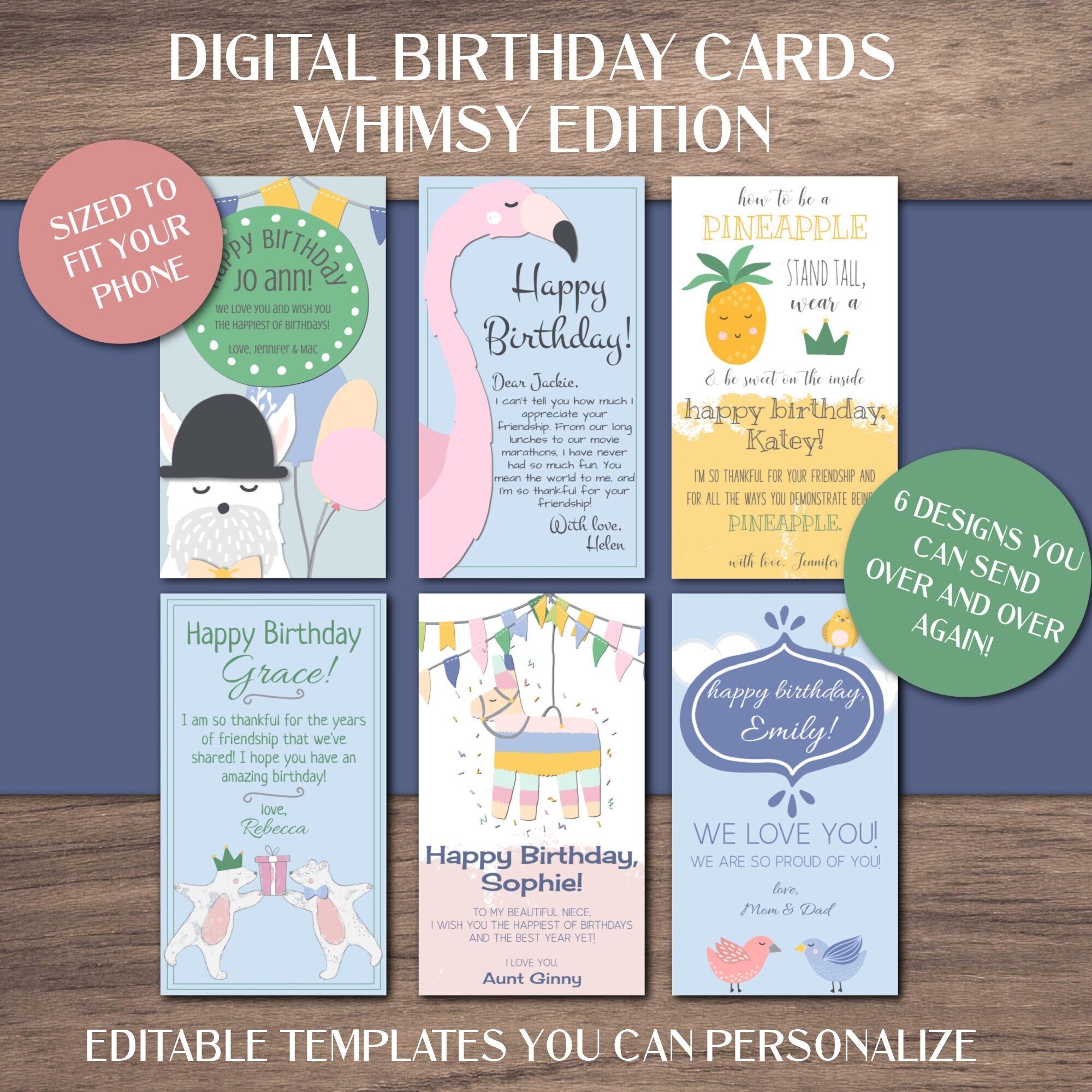 Whimsical Birthday Cards Digital Templates Set of 6, Birthday Texts ...