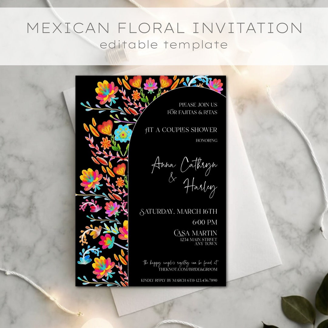 Mexican Floral Party Invitations, Bold Colors With Black Background, Digital Template Invitation ...