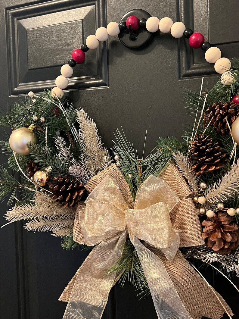 Boho Beaded Winter Fir and Pine With Gold Accents and Gold Bow. Elegant ...