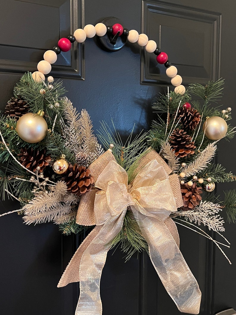 Boho Beaded Winter Fir and Pine With Gold Accents and Gold Bow. Elegant ...