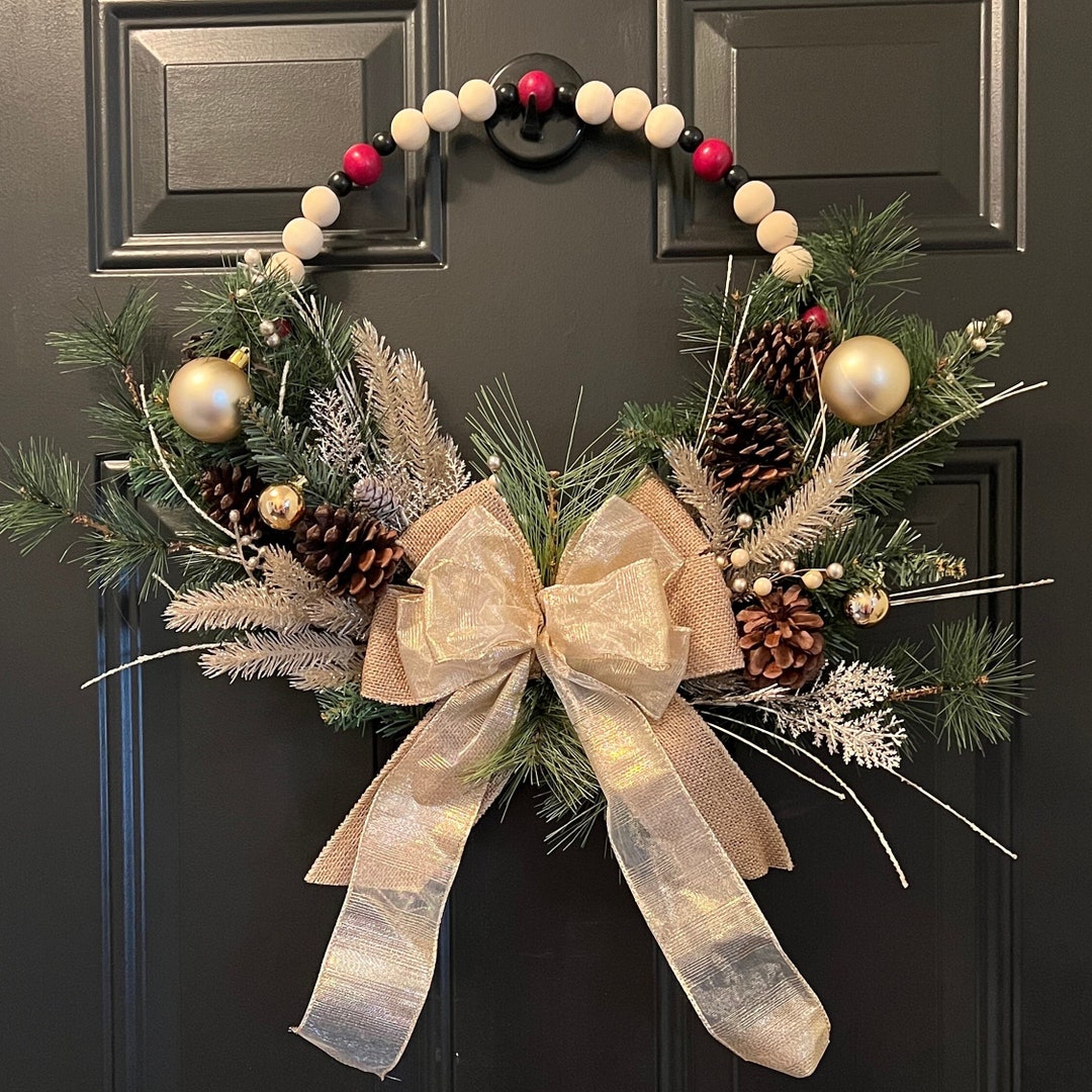 Boho Beaded Winter Fir and Pine With Gold Accents and Gold Bow. Elegant ...