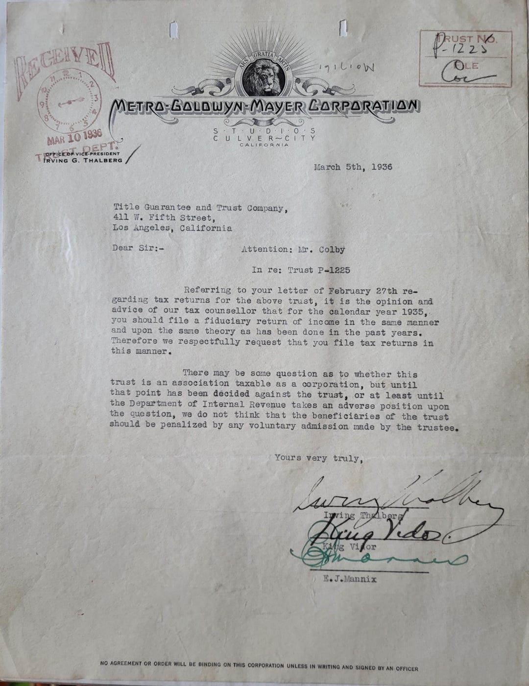 1936 Letter on MGM Stationary and Signed By-irving Thalberg-king Vidor ...