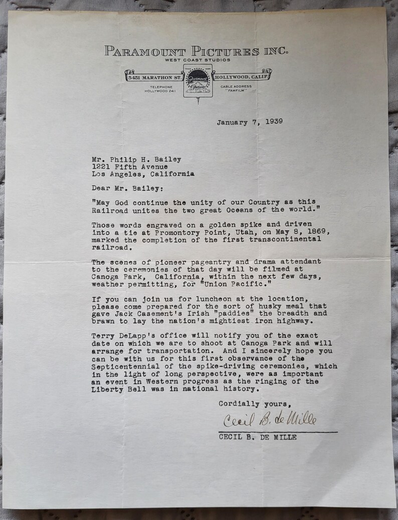 Cecil B. Demille Signed Letter for Paramount Pictures, January 7, 1939 ...