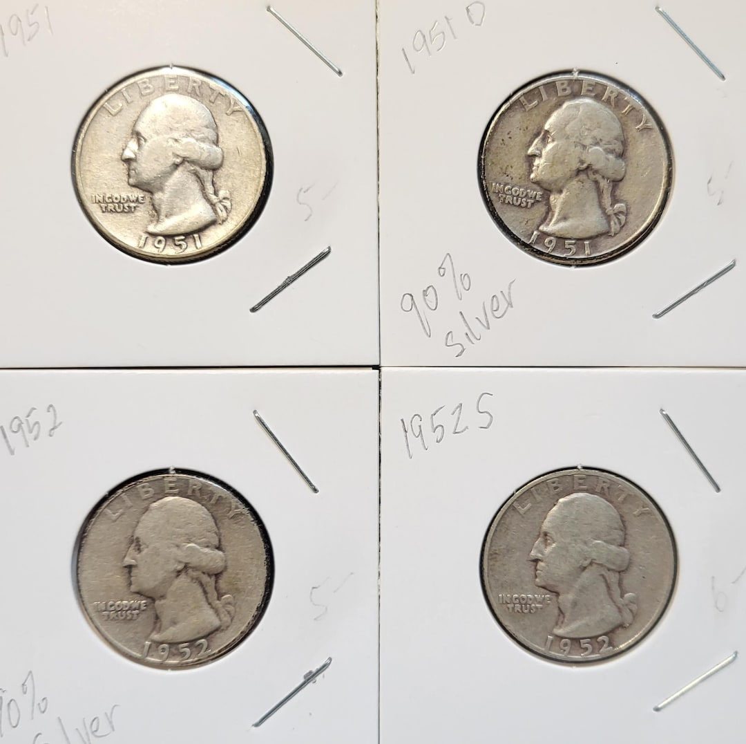 4 George Washington Quarters-1951-1951d-1952-1952s-kept in Protectors ...