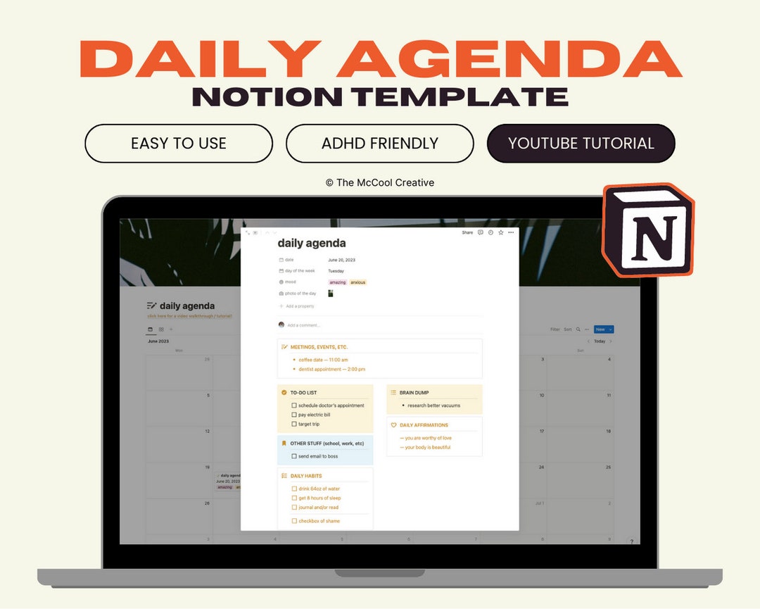 Notion Daily Agenda Template - the Mccool Creative | Aesthetic Notion ...