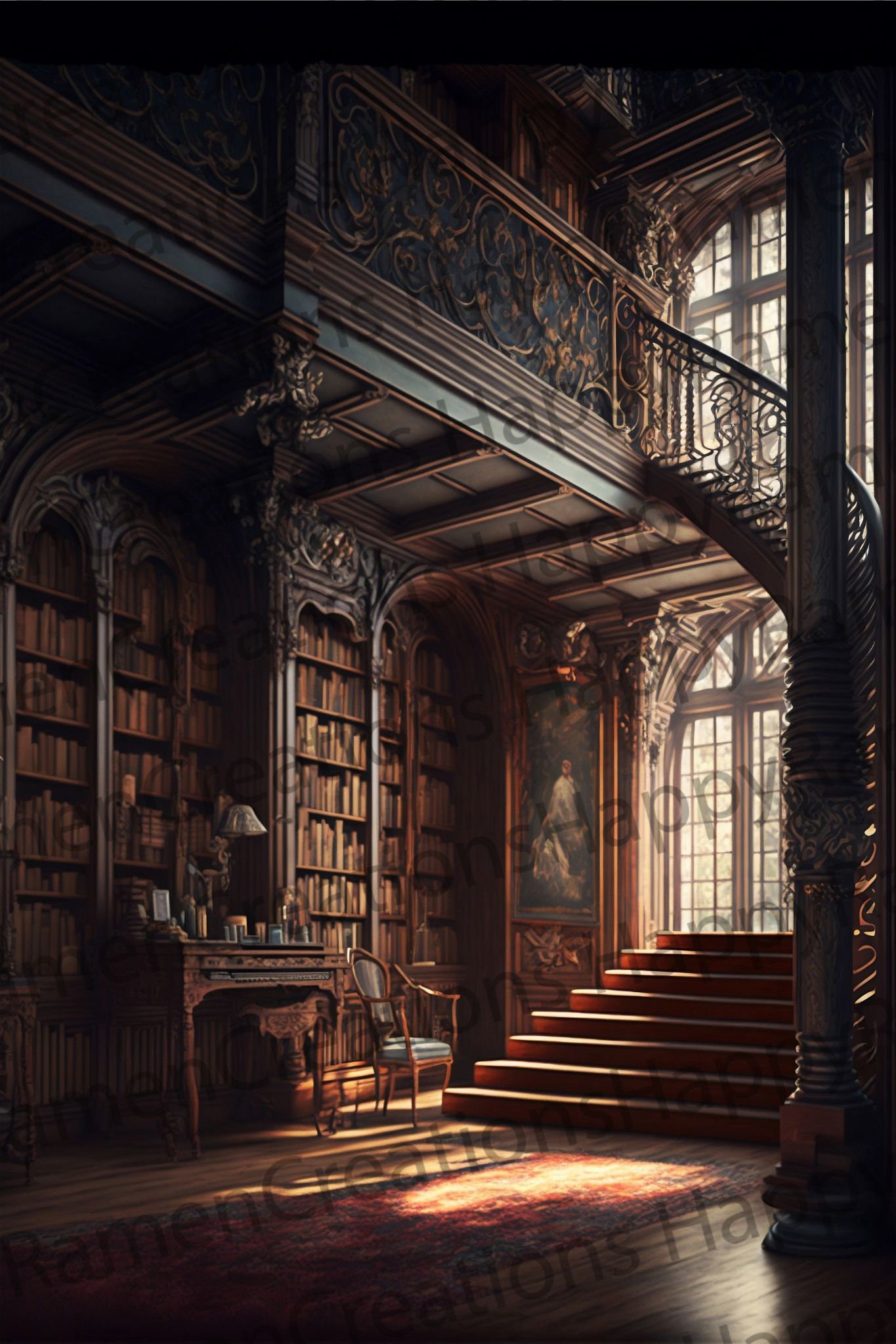 Fantasy Library Digital Download, Wall Art, Digital Art, AI Art, Book ...