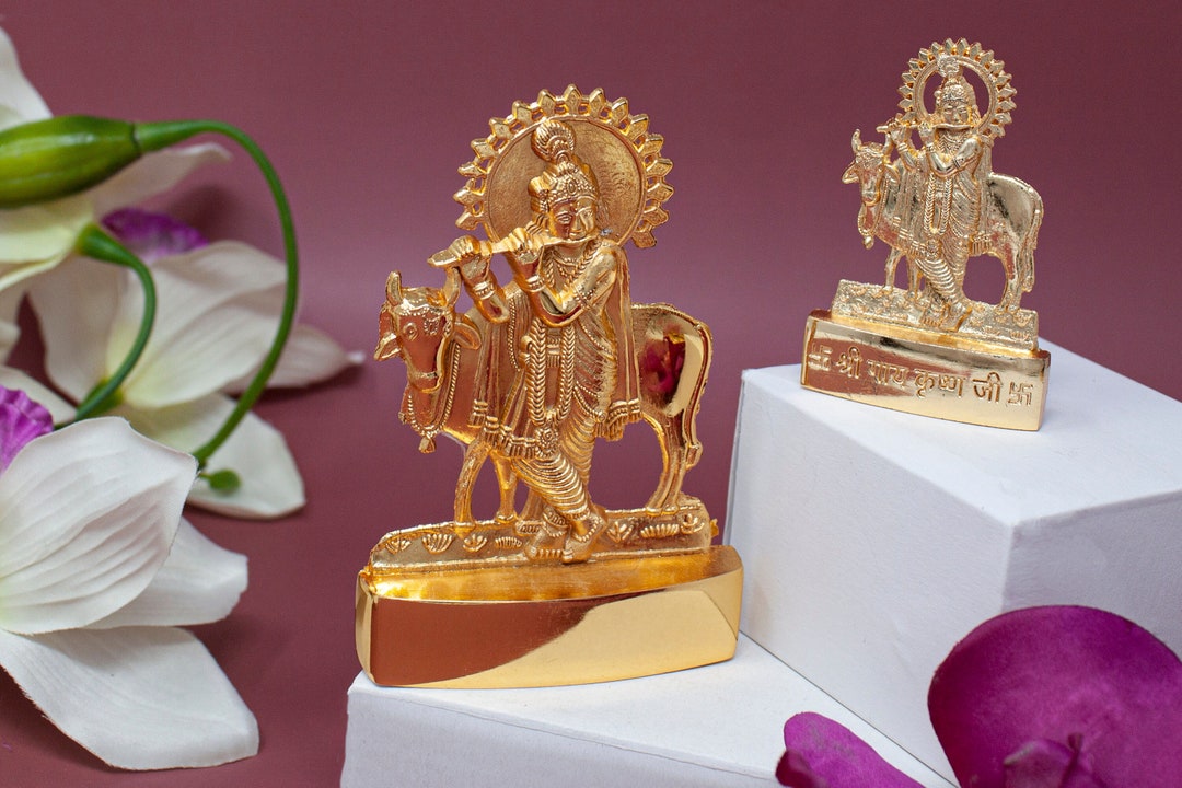 Krishna Statue Golden Hindu God Standing Krsna Govind Holy Idol Metal ...