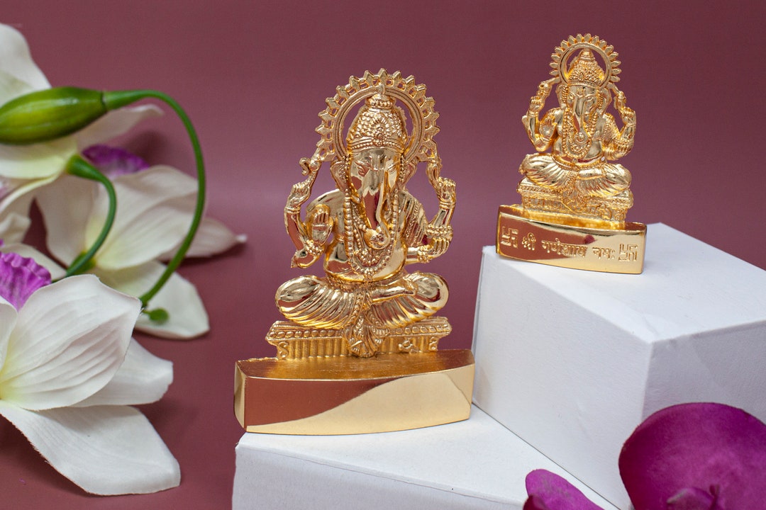Ganesh Statue Golden Hindu God Sitting Lord Ganesha Ganpati Idol Metal ...