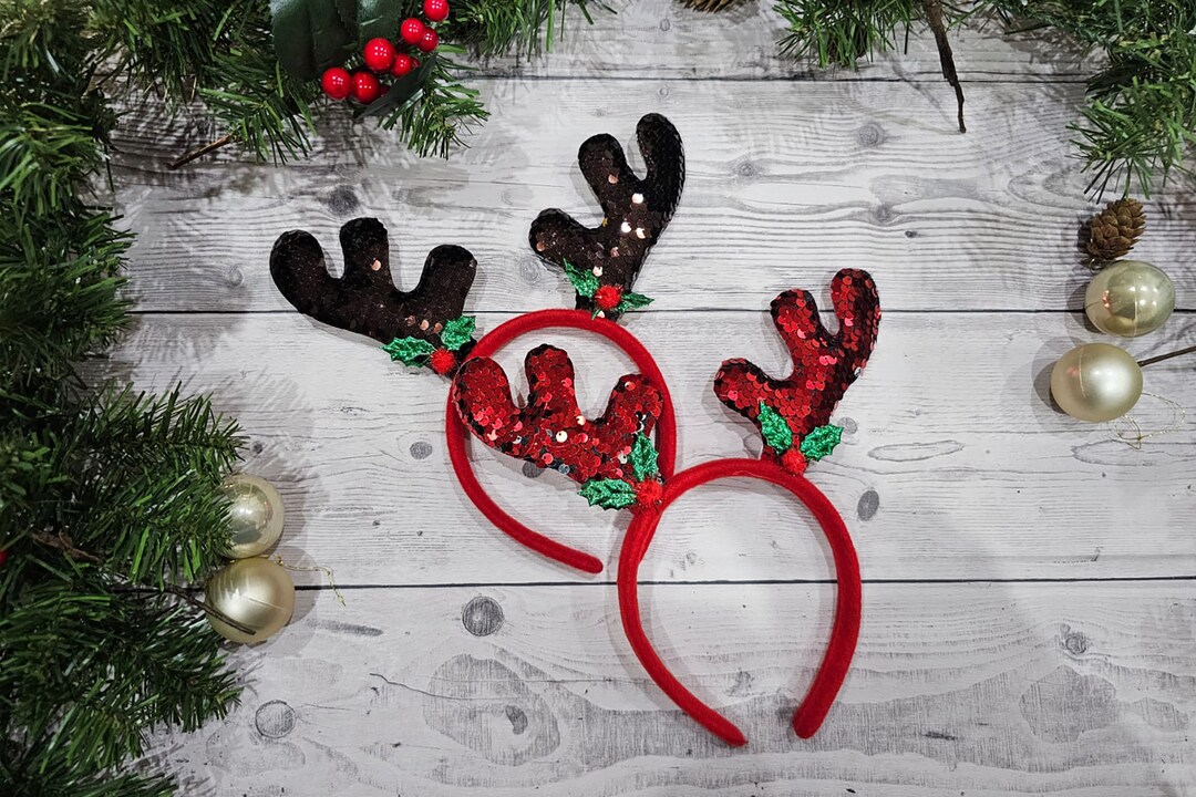 Reversible Sequin Antlers Red Christmas Bopper Headband Festive Xmas ...