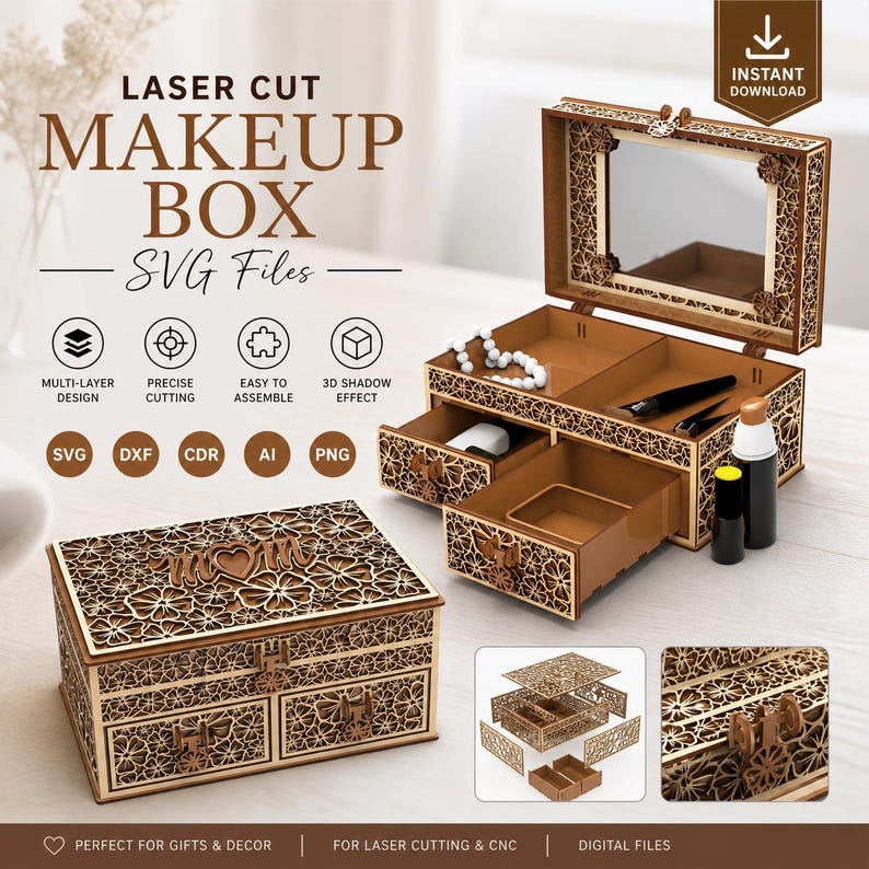 Laser Cut Jewelry Box SVG | Multilayer Wooden Gift Box With Engraving ...