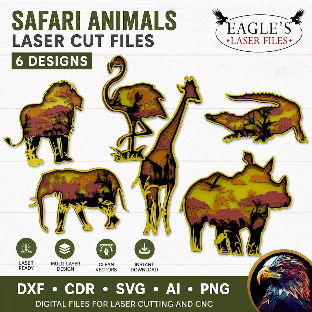 Multilayer Animals SVG Bundle | Lion Giraffe Elephant Rhino Flamingo ...