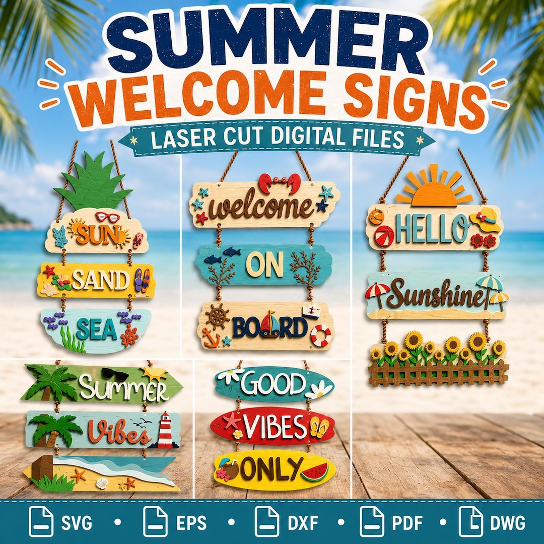 Summer Welcome Signs Laser Cut Bundle SVG | Beach Summer Vibes Door ...