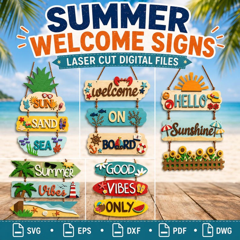 Summer Welcome Signs Laser Cut Bundle SVG | Beach Summer Vibes Door ...