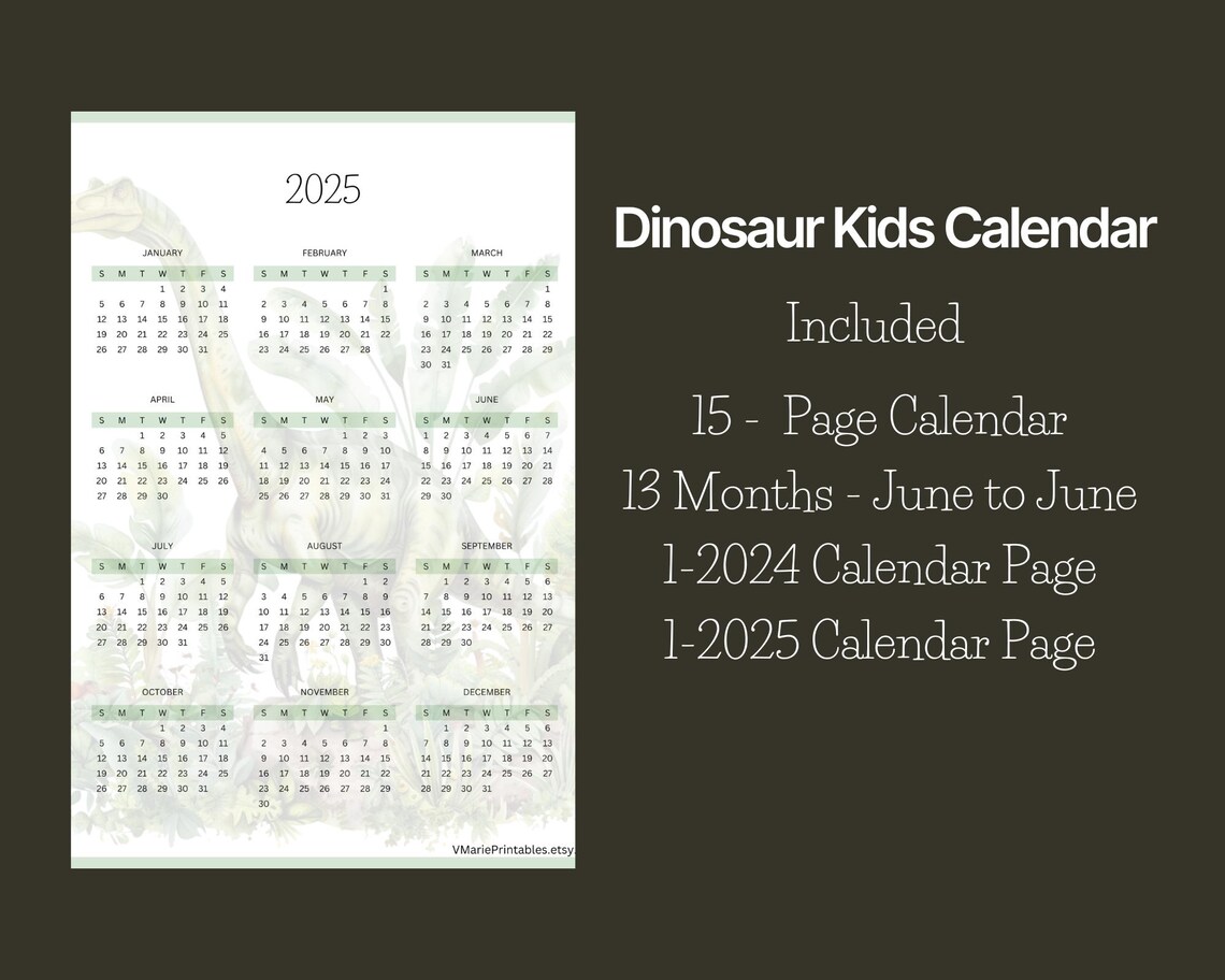 Dinosaur Kids School Calendar, 2024-2025 Dated School Calendar ...