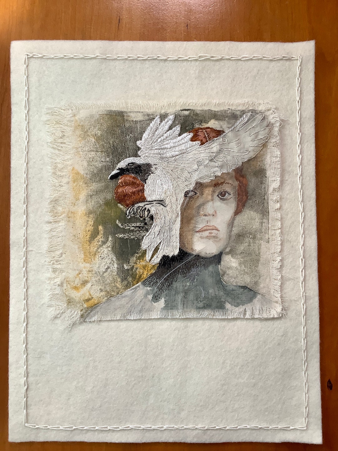 Hand Embroidered Portrait on Felt, Mono Print Fabric. - Etsy