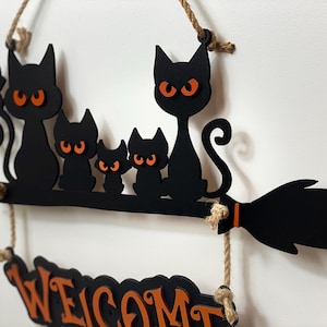 17 Inch Custom Layered Halloween Black Cat Family on Broom Door Hanger ...