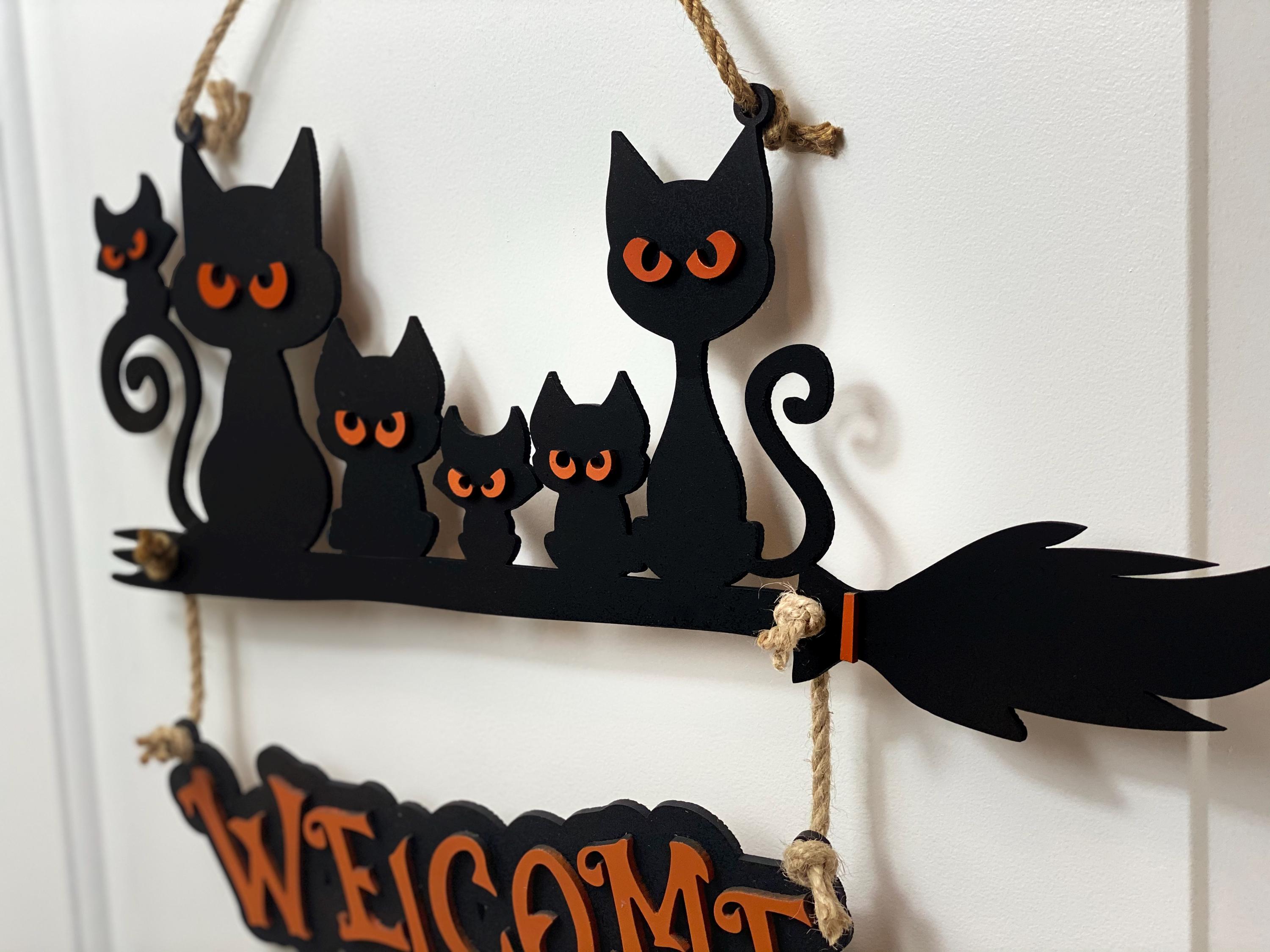 17 Inch Custom Layered Halloween Black Cat Family on Broom Door Hanger ...