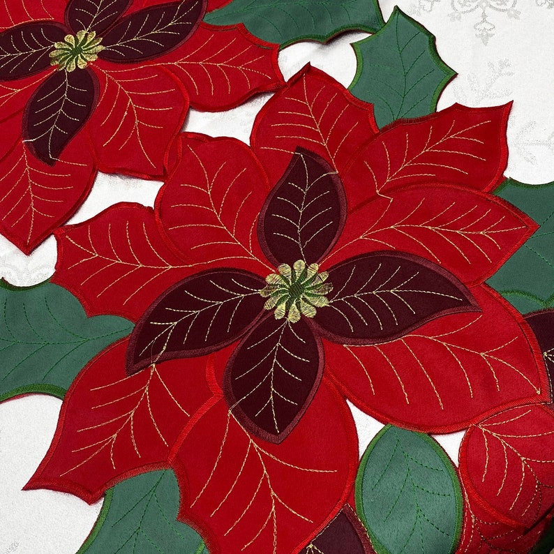 55-inch Christmas Poinsettia Embroidered Cutwork Table Runner, Festive ...