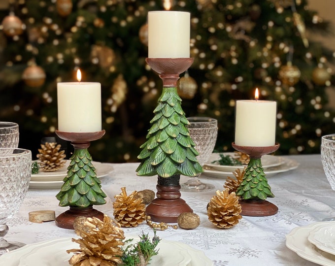 Set of 3 Christmas Tree Candle Holder, Holiday Centerpiece, Pine Tree ...