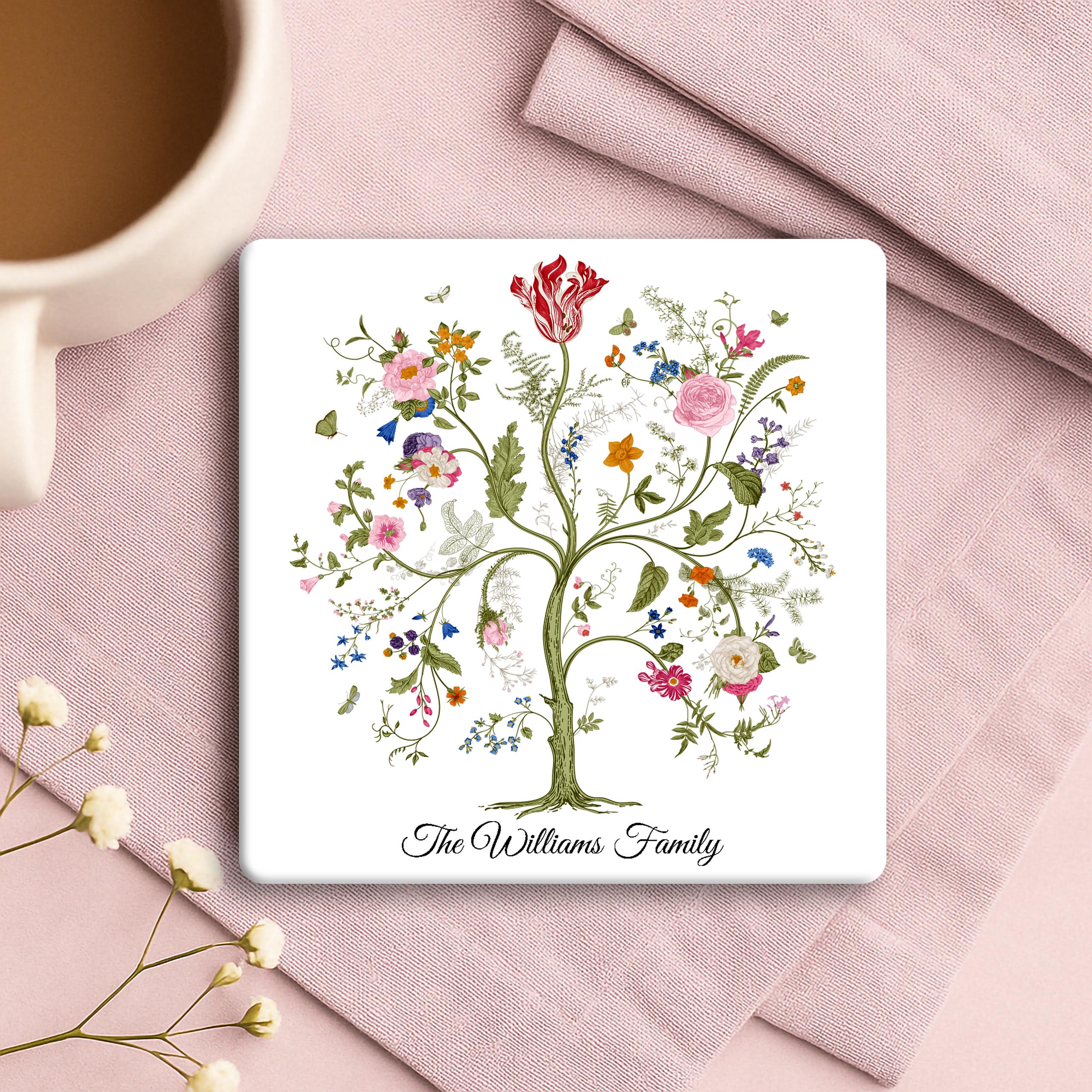 Custom Floral Family Tree Coaster-personalized Tree of Life Name Gift ...