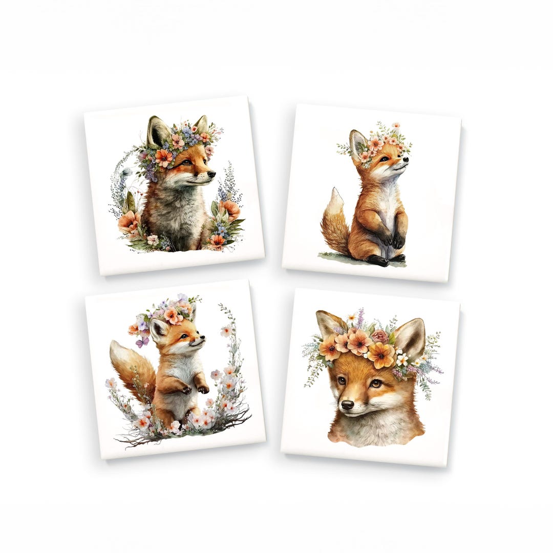 Set of 4 Watercolor Fox Ceramic Coasters-cute Floral Wreath Animal ...