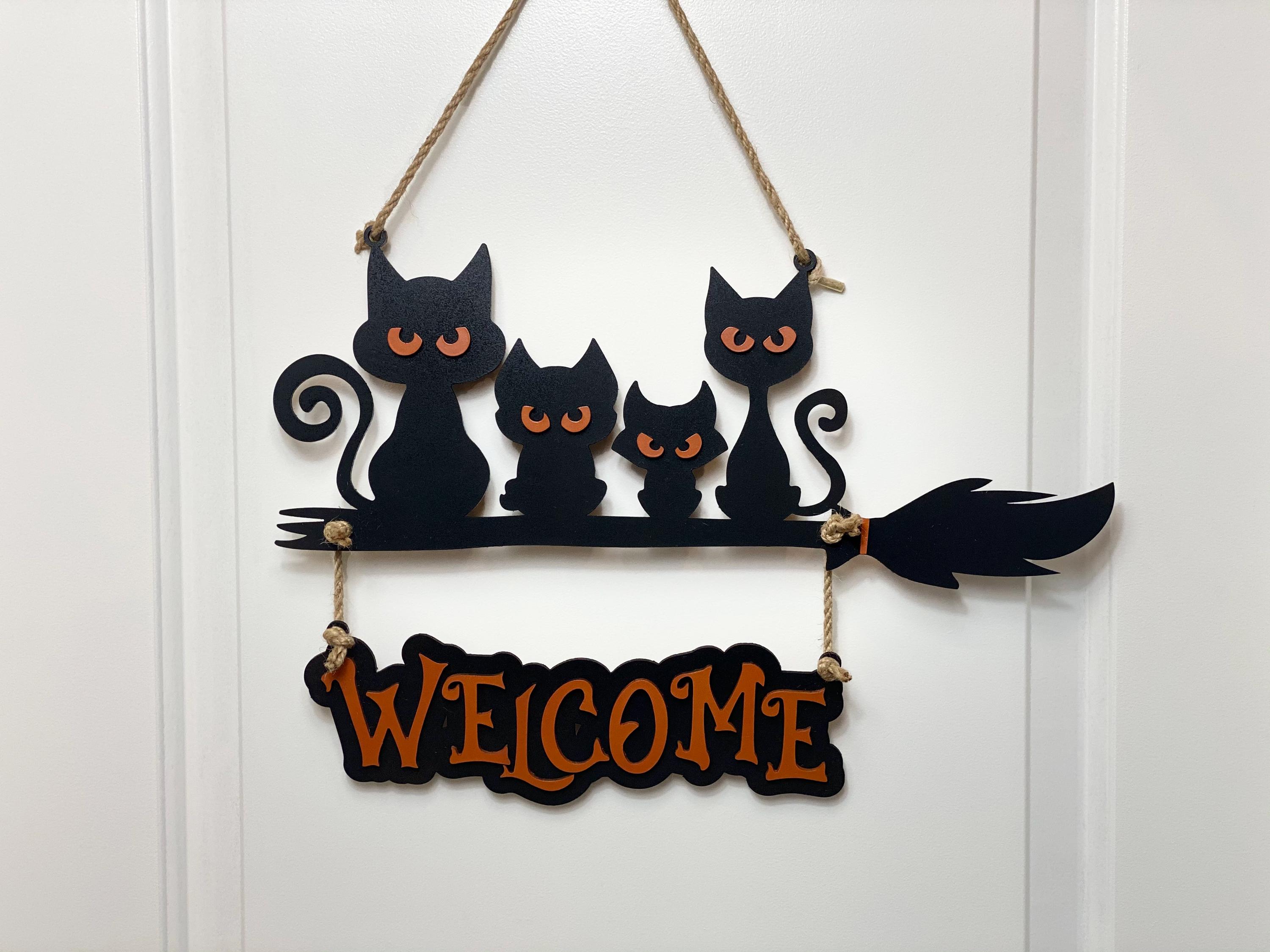 17 Inch Custom Layered Halloween Black Cat Family on Broom Door Hanger ...
