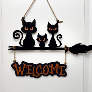 17 Inch Custom Layered Halloween Black Cat Family on Broom Door Hanger ...