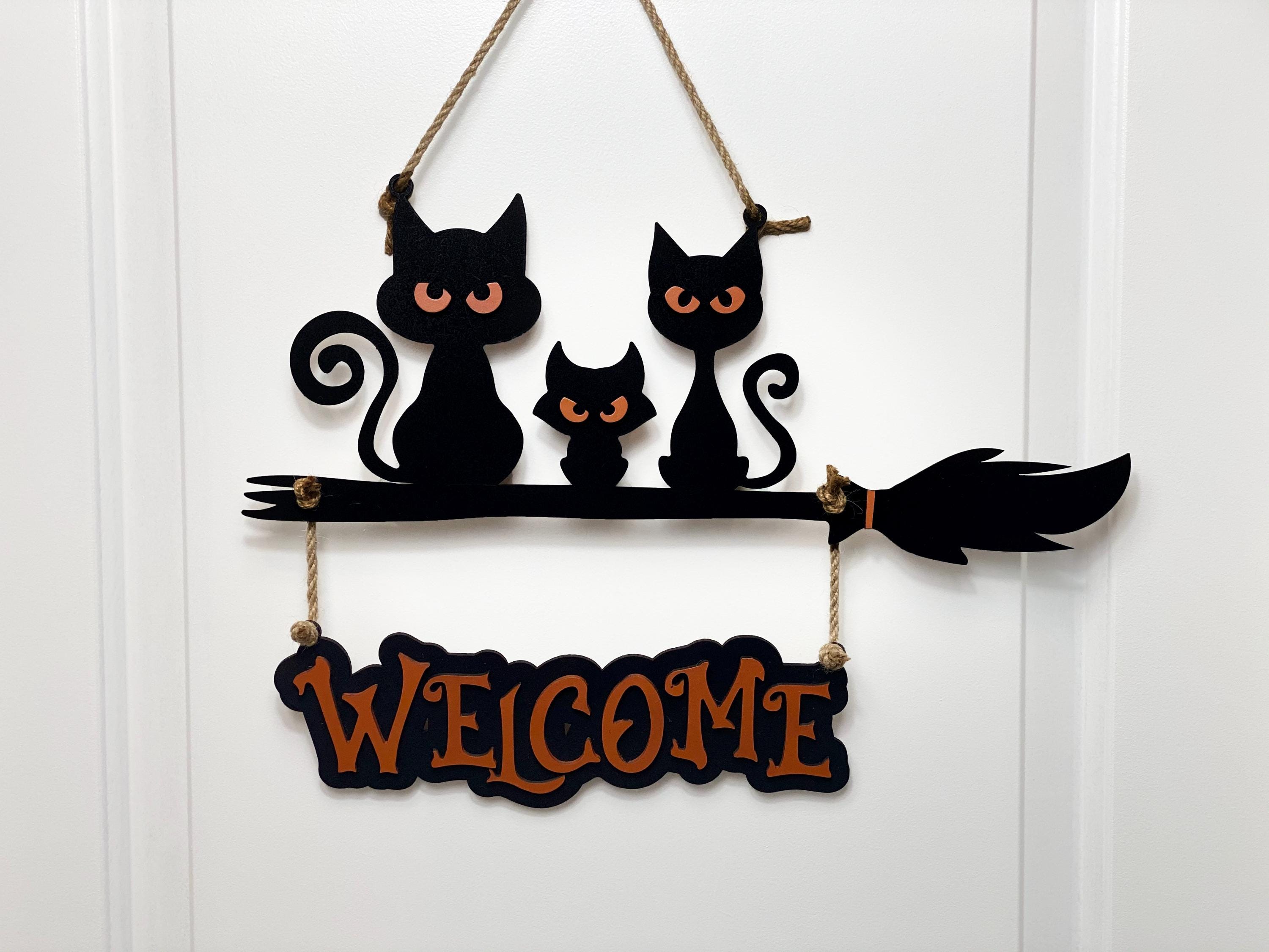17 Inch Custom Layered Halloween Black Cat Family on Broom Door Hanger ...